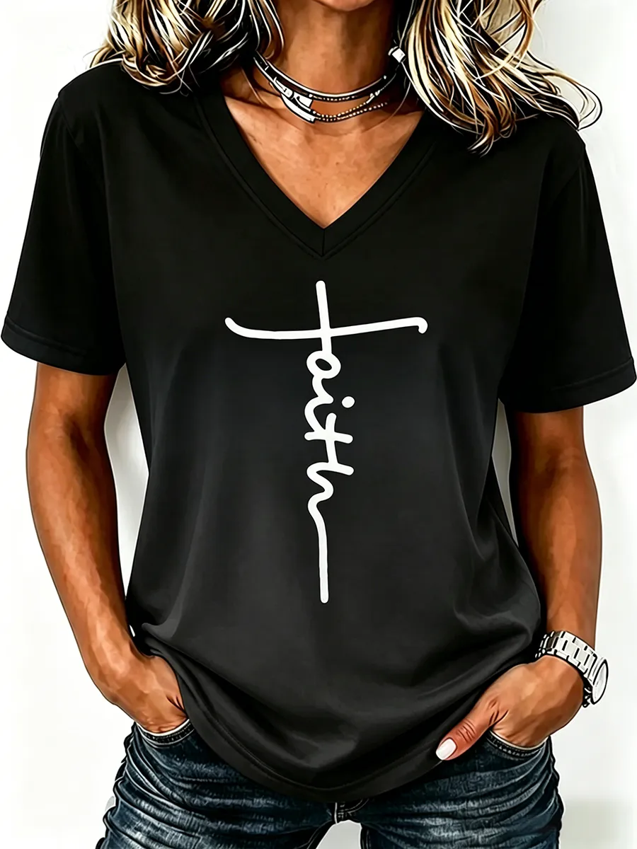 Faith Cross Print Gradient V-Neck Top - Armor of the God ️ Christian ...