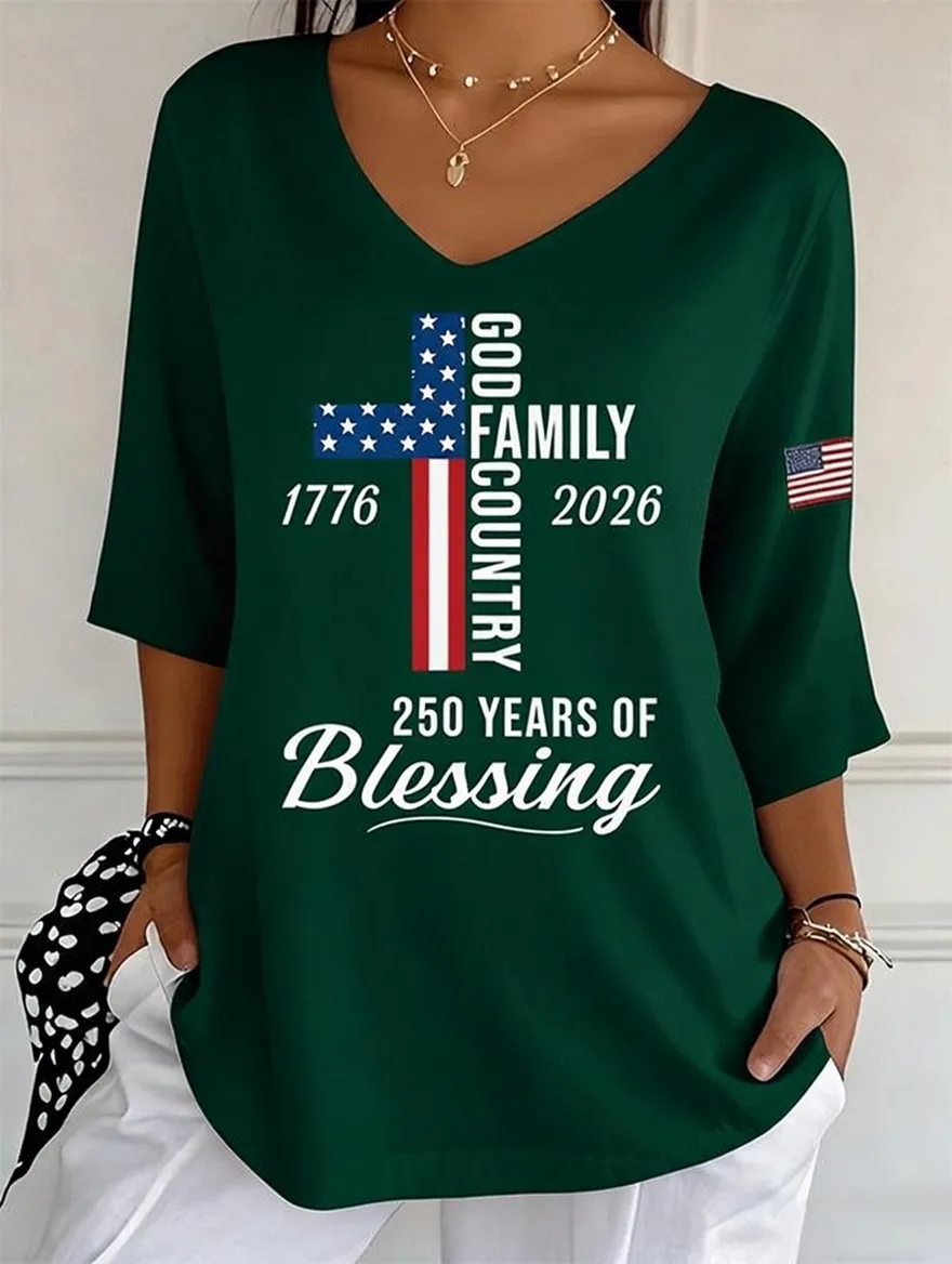 Women's God Family Country Flag Cross V Neck 3/4 Sleeve Casual Tee ...