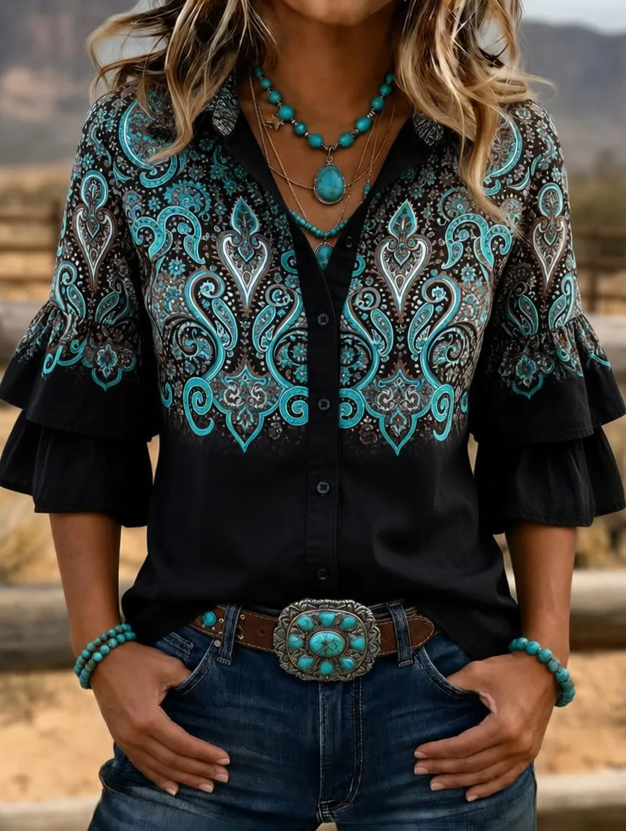 Women's Western Paisley Gradient Double Ruffle Bell Sleeve Button Down ...
