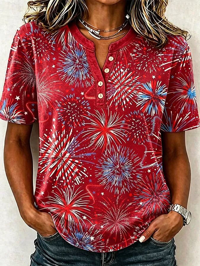 Female Leisure Patriotic Fireworks Flag Button T-Shirt - America250 ...