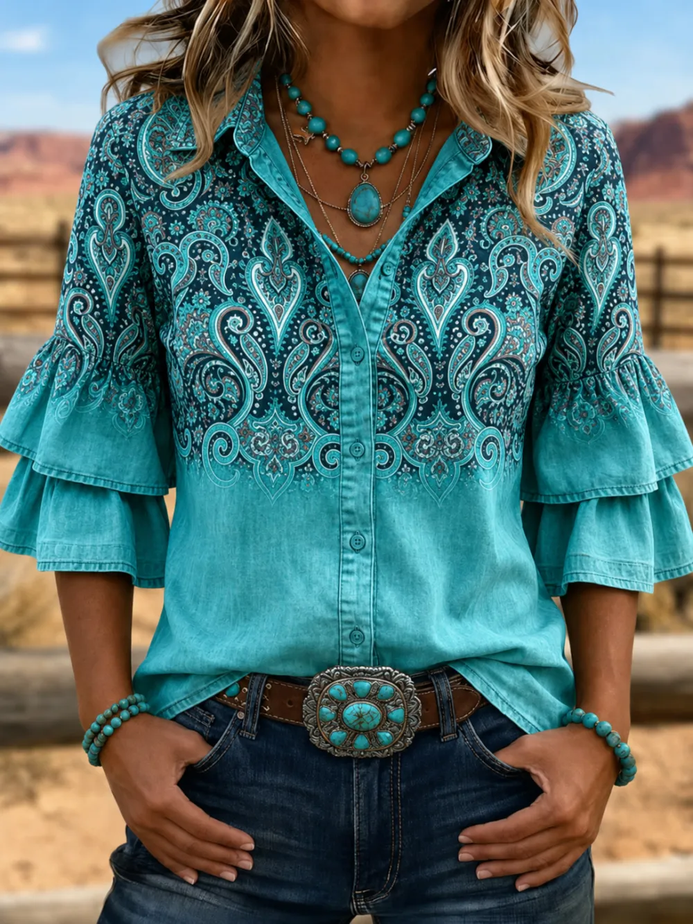 Women's Western Paisley Gradient Double Ruffle Bell Sleeve Button Down ...