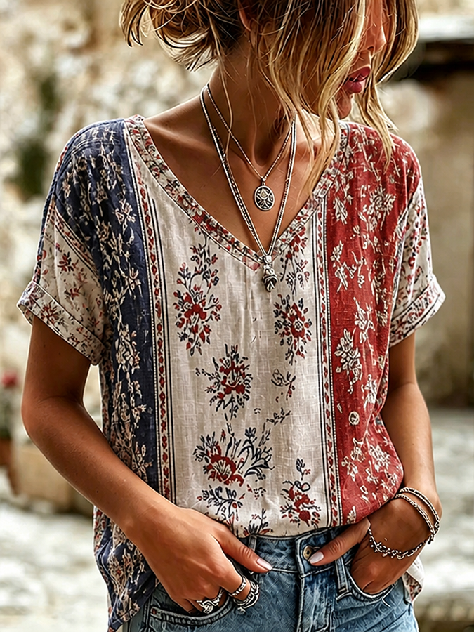 Women's Retro Flag Flower V-neck Top - 250thindependence