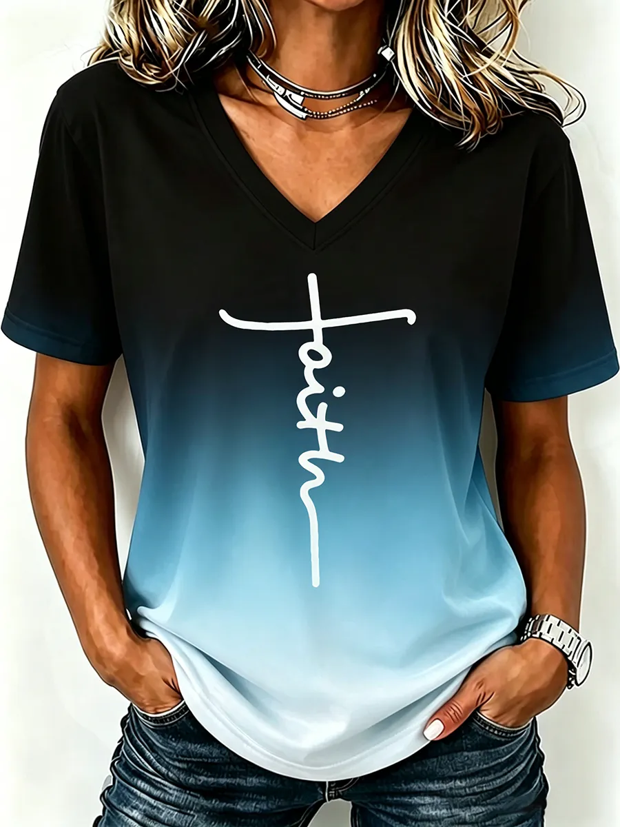 Faith Cross Print Gradient V-Neck Top - Armor of the God ️ Christian ...