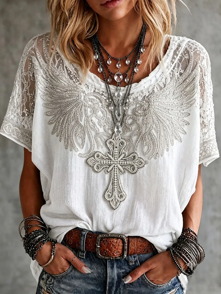 Women's Vintage Cotton-Linen Top with Wing and Cross Motif - Armor of ...