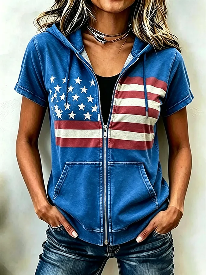 Women'S Casual Flag Summer Short Sleeved Hooded Top - veteransprideshop