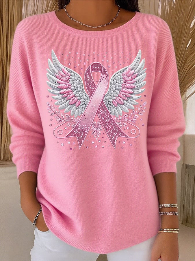 Women's Casual Breast Cancer Pink Ribbon Wings Knit Top - mirabellescloset