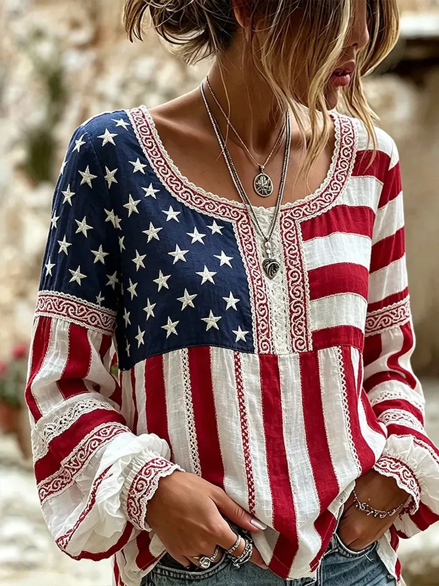 Women's Retro Independent Floral Patchwork Art Print Long Sleeve T-shi ...