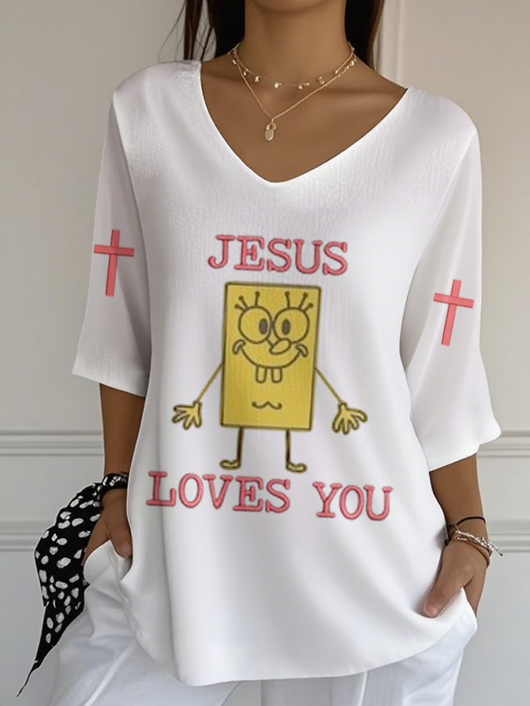 Women's SpongeBob Jesus Loves You V-Neck Short Sleeve T-shirt - weavehot