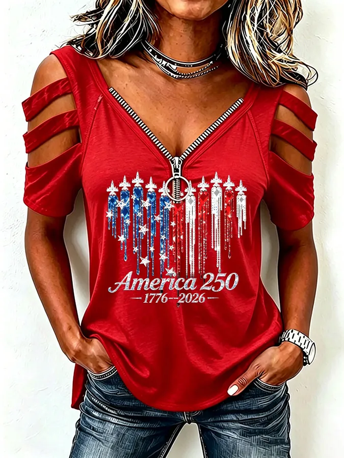 Women'S Casual Patriotic Hollowed Out Patriotic T-Shirt - America250 ...