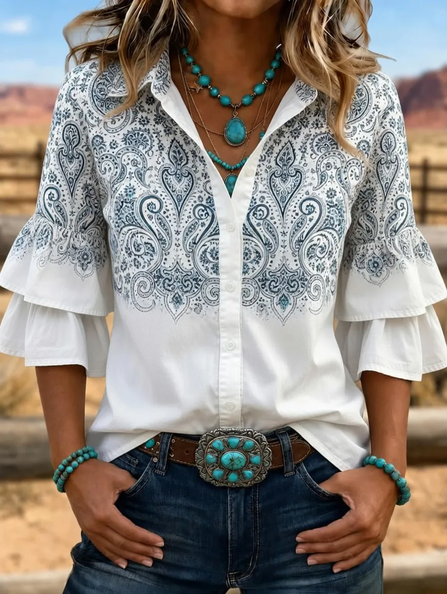 Women's Western Paisley Gradient Double Ruffle Bell Sleeve Button Down ...