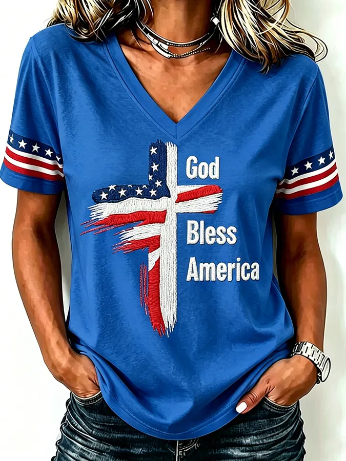Women's "God Bless America" Print Casual short-sleeved T-shirt - Armor ...