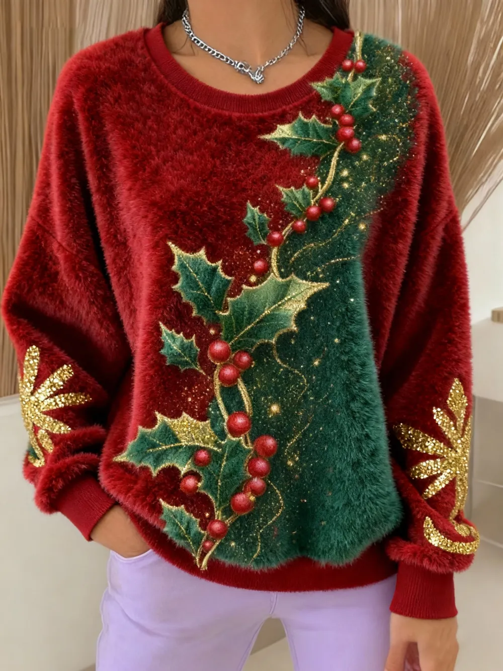 Ladies' Christmas Personalized Fashion Retro Art Printed Round Neck Ho ...