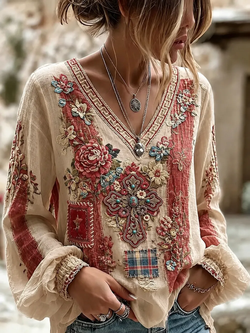 Women's Retro Cross Faith Blessing Flower Embroidery Cotton Hemp Top ...