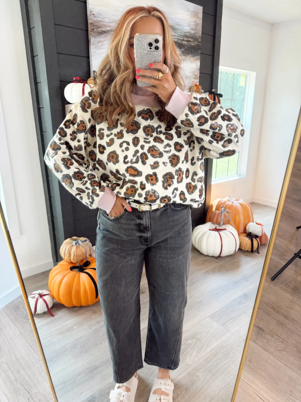 Queen of Sparkles Ivory Leopard Mock Neck Sweatshirt With Light Pink T ...