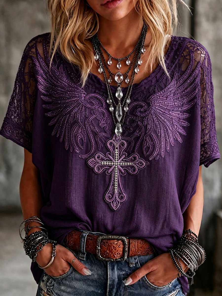 Women's Vintage Cotton-Linen Top with Wing and Cross Motif - Armor of ...