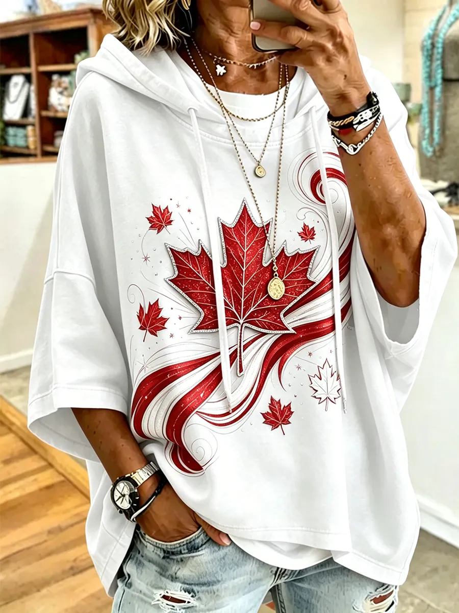 Women's Canada Red Glitter Maple Leaf Swirl Print Loose Short Sleeve H ...