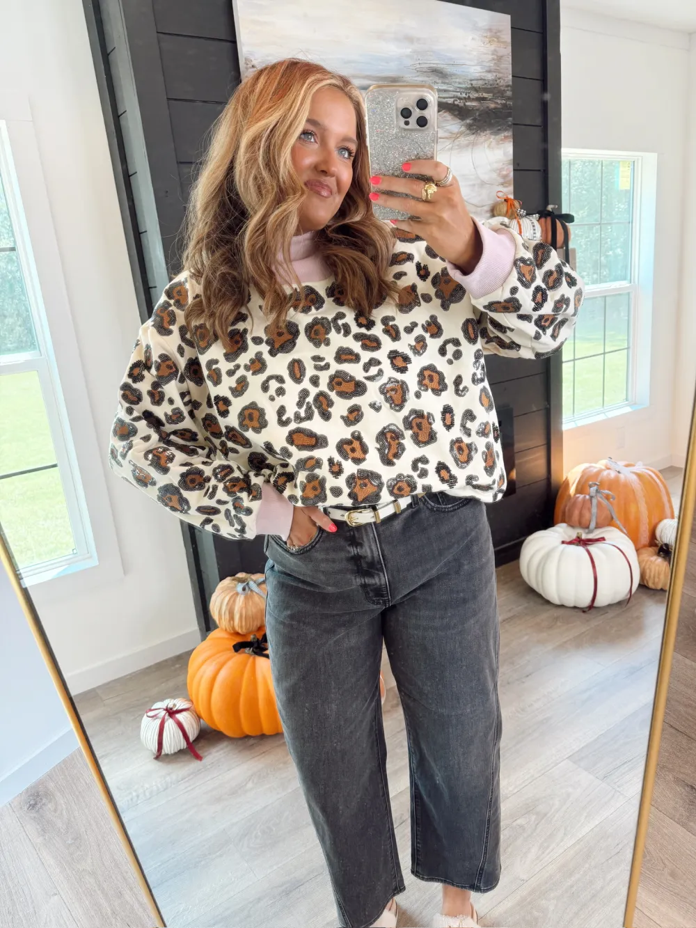 Queen of Sparkles Ivory Leopard Mock Neck Sweatshirt With Light Pink T ...