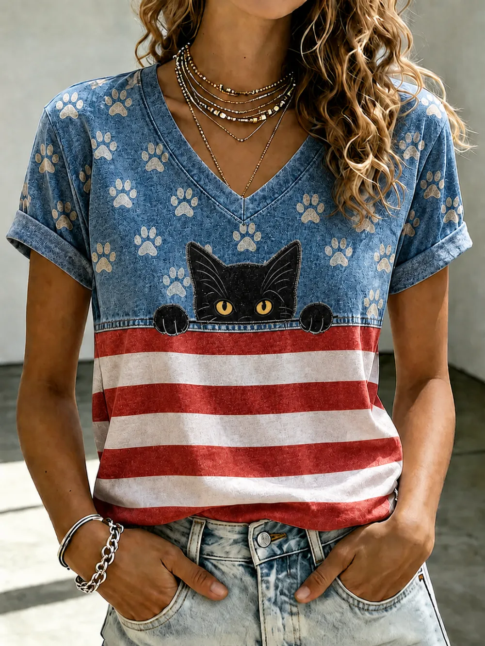 Women'S American Flag Cat Printed Casual T-Shirt - Wear To Support ...