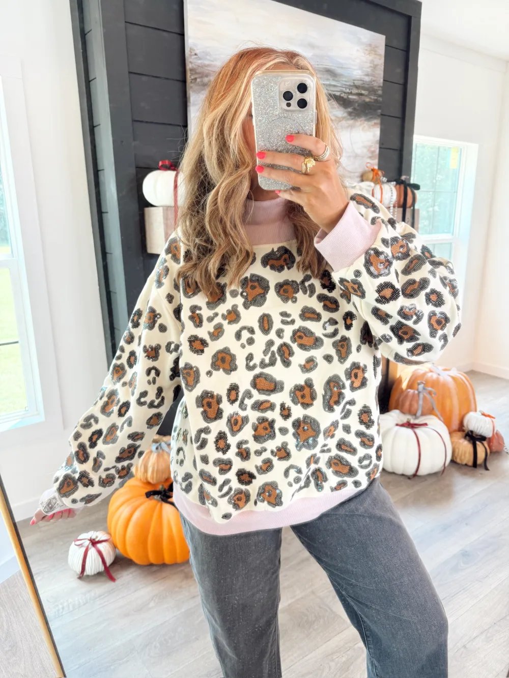 Queen of Sparkles Ivory Leopard Mock Neck Sweatshirt With Light Pink T ...