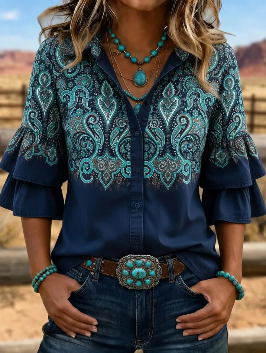 Women's Western Paisley Gradient Double Ruffle Bell Sleeve Button Down ...