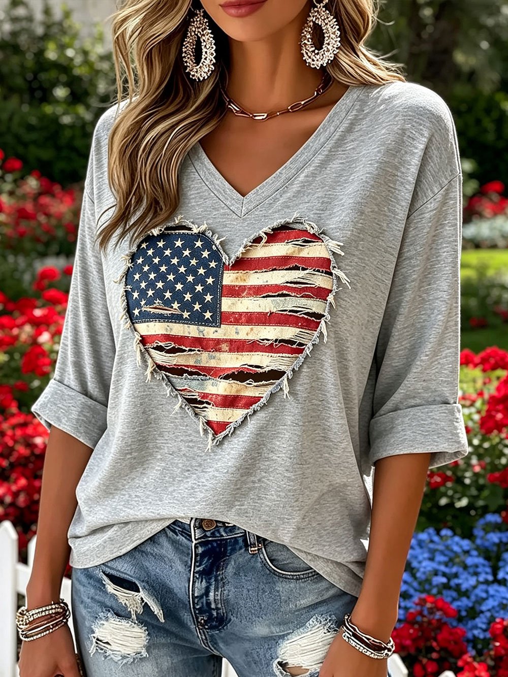 Women'S Vintage-Style Embroidered Lace-Print V-Neck T-Shirt - usa250teeshop