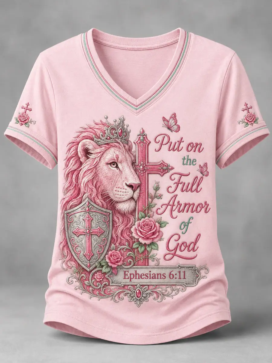 Women'S Pink Lion Religious Faith Printed Casual V-Neck T-Shirt - Armor ...