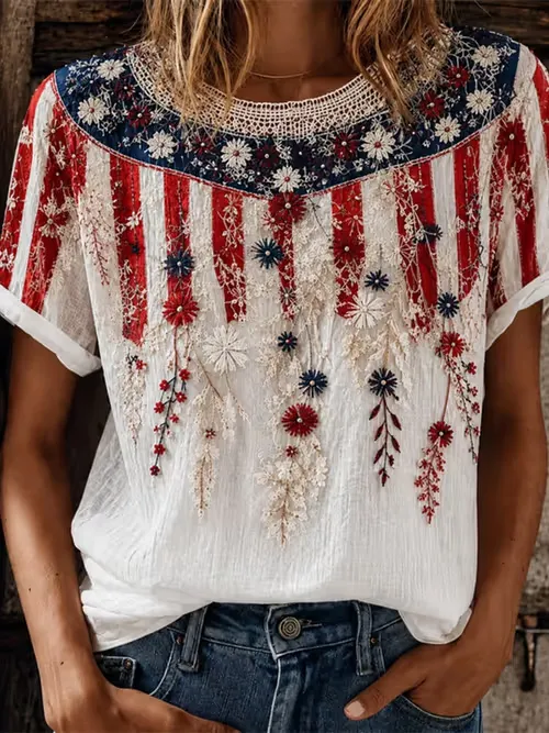 Women's USA Flag Art Flowers printed cotton and linen round neck top ...