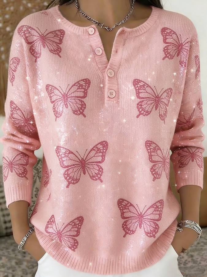 Women'S Casual Four-Button Top With Butterfly Print. - mirabellescloset