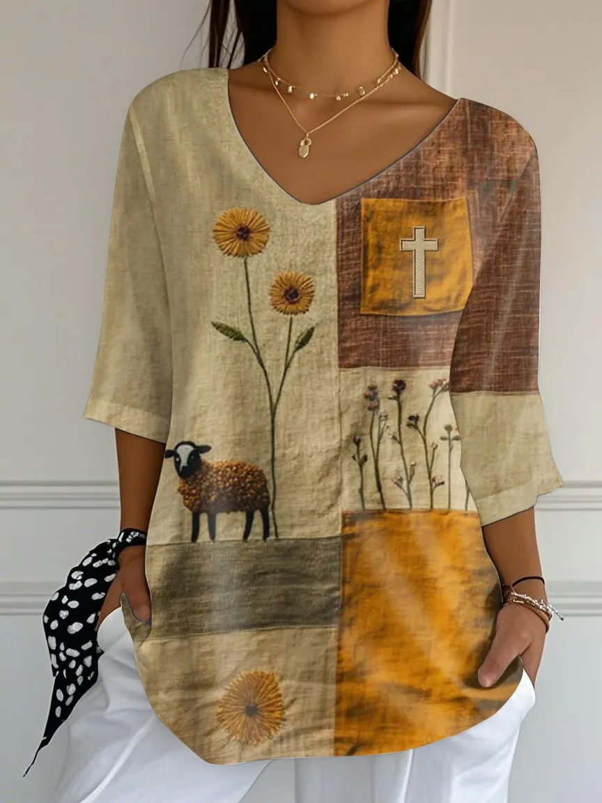 Women'S Cute Little Sheep Flower Cross-Stitch Printed Blouse - weavehot
