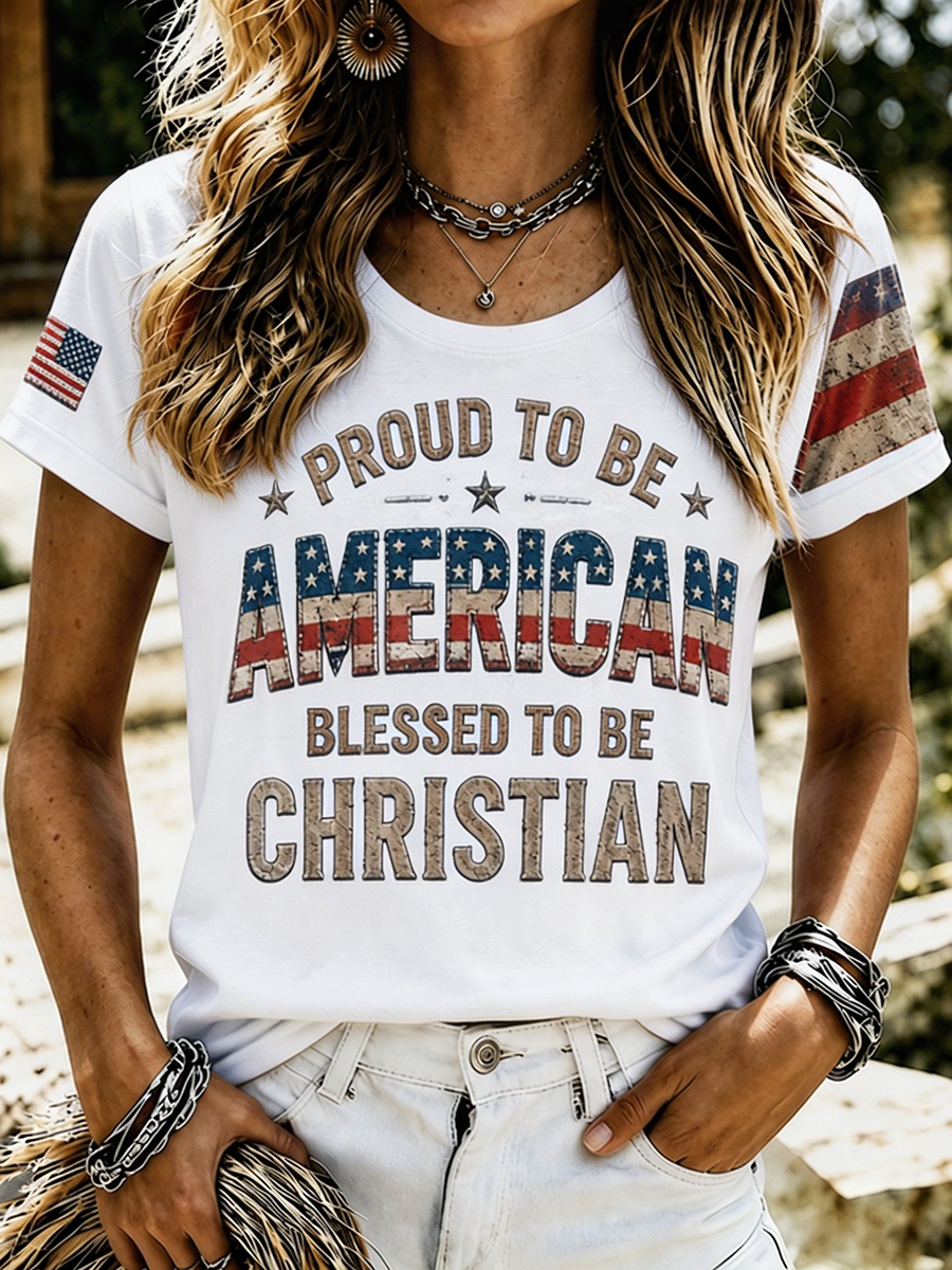 Women's Proud To Be American Blessed To Be Christian Vintage USA Flag ...